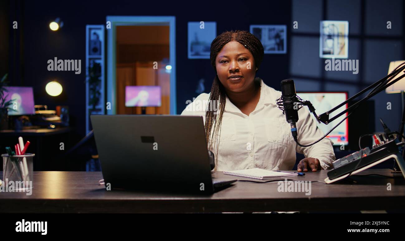 Portrait of african american woman starting live broadcast on streaming ...