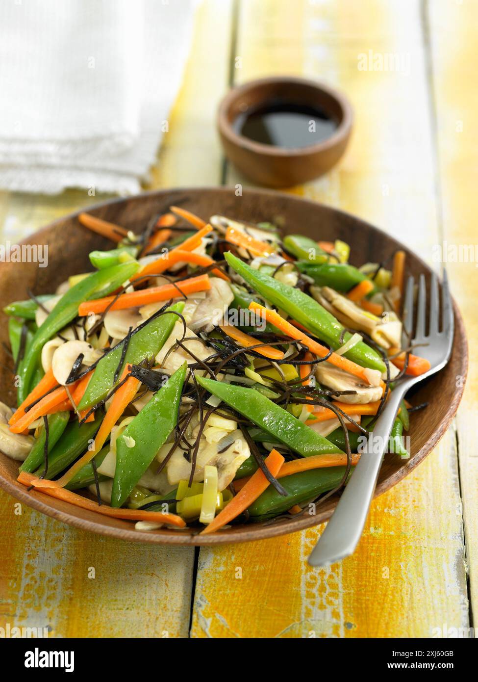 Pan-fried Arame seaweed with button mushrooms,carrots,runner beans and ...