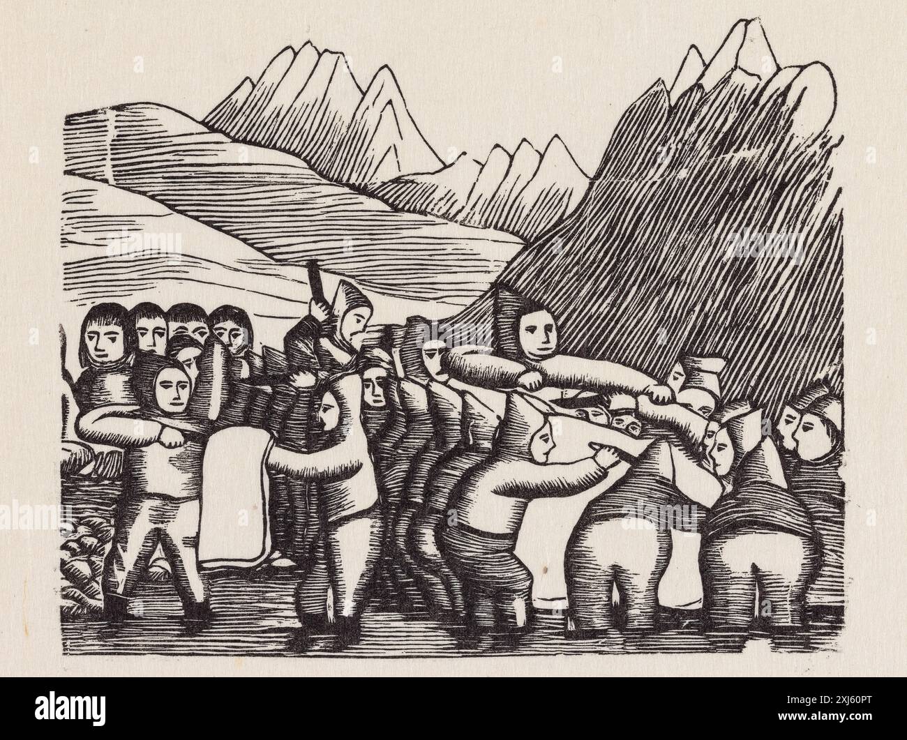 A woodcut showing Akigssiak and his brothers watching mountain trolls ...
