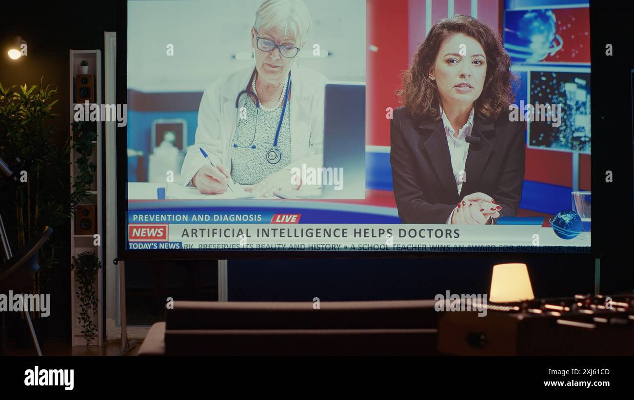 Modern TV displaying news program broadcasting with journalist talking ...