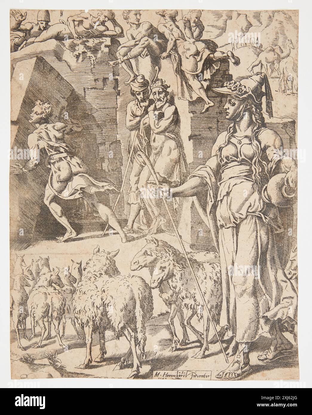 Engraving showing Jacob rolling the stone from the well’s mouth ...