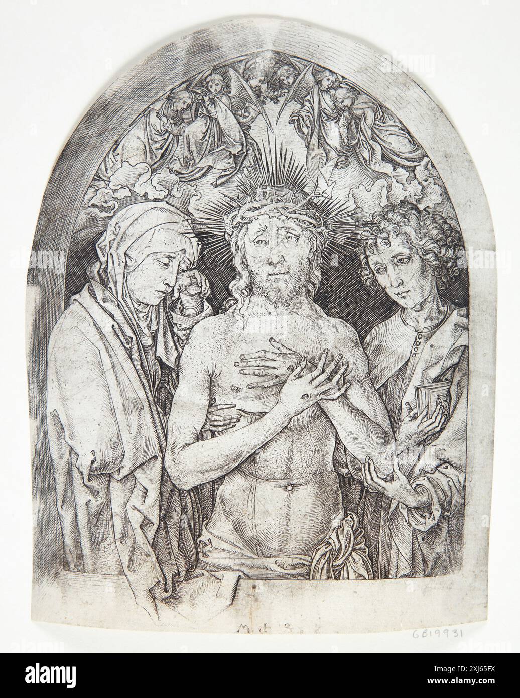Copper engraving by Martin Schongauer depicting Christ between Mary and ...