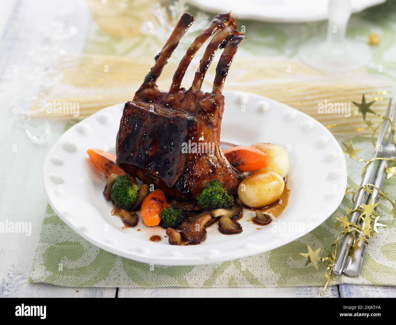 Young goat chops caramelized with honey,carrots,broccoli and mushrooms ...