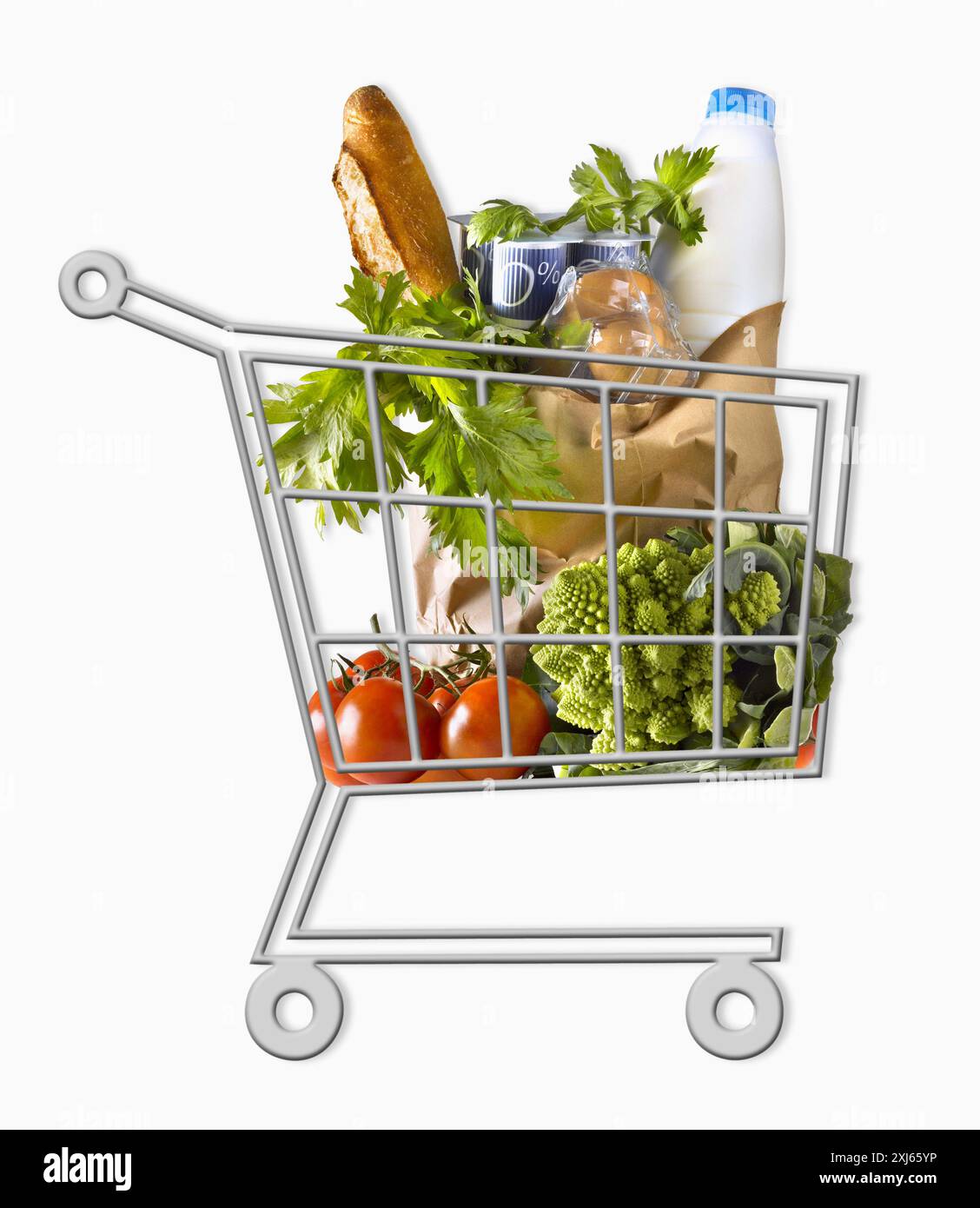 Mini supermarket trolley with a brown paper bag of food :vegetables and ...