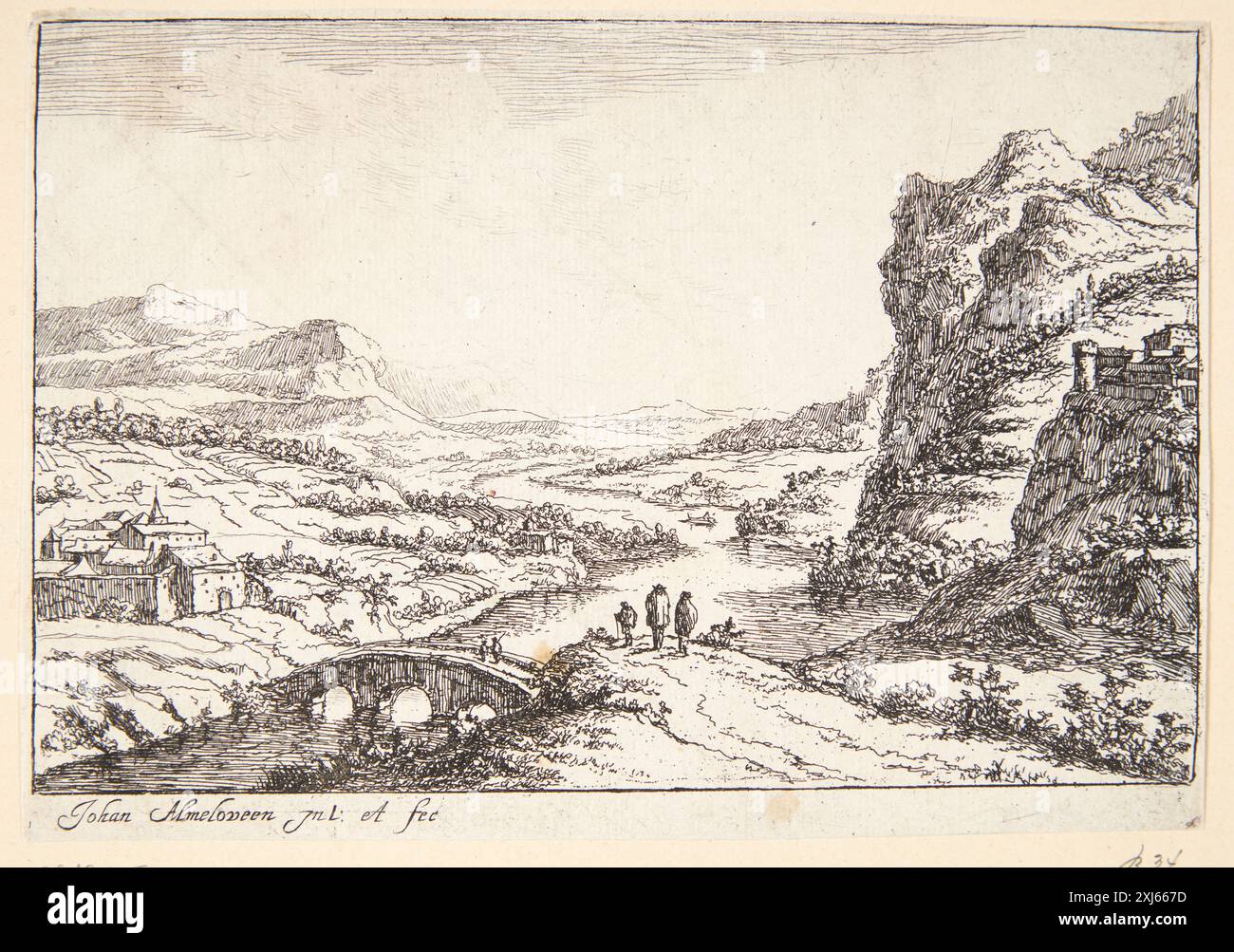 Etching by Jan van Almeloveen showing a river landscape with a stone ...