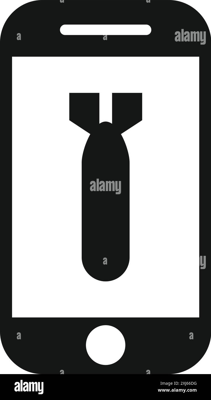 Black and white icon of a smartphone showing a bomb, representing the ...