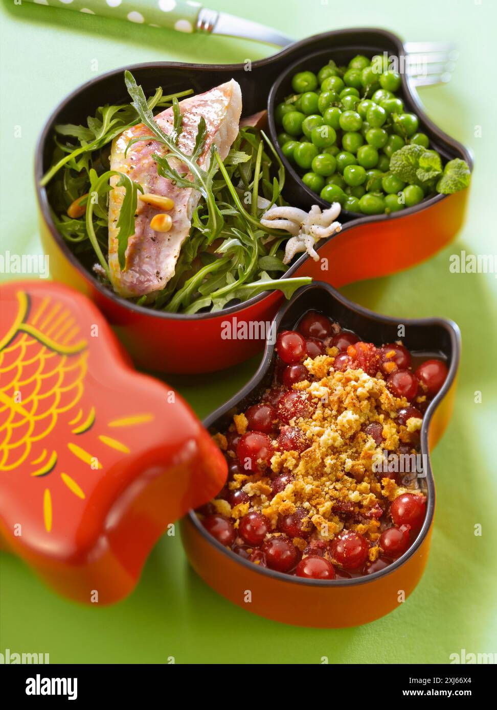Red mullet salad,peas with mint and summer fruit crumble Stock Photo ...