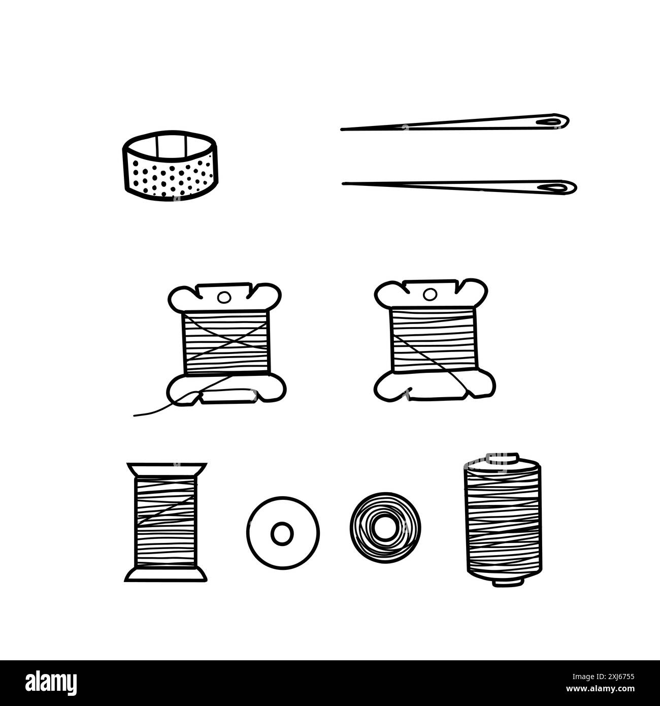 Sewing Set of different Threads Spools, Needles and Thimble. Hand drawn ...