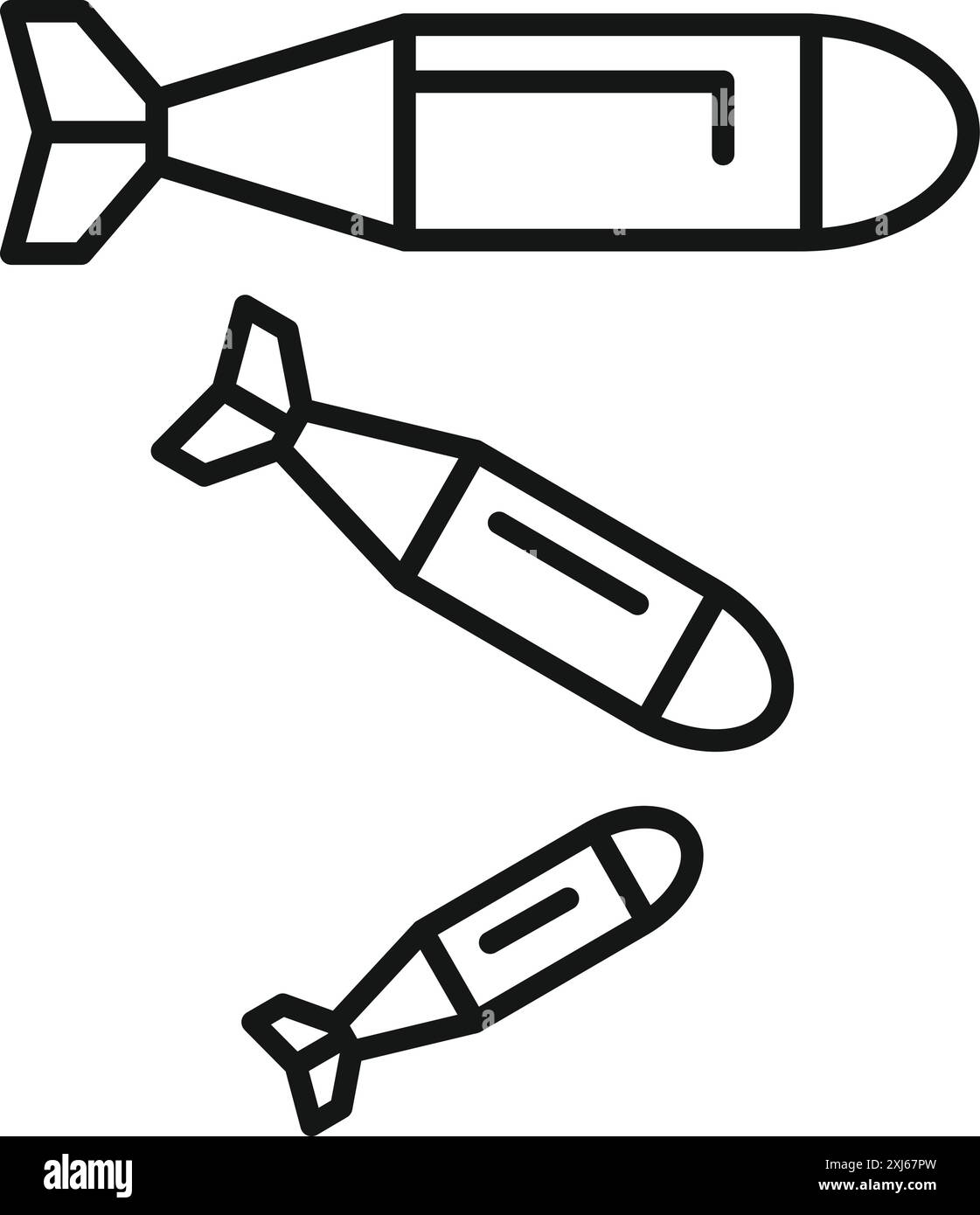 Simple line drawing of a set of three different size bombs falling from ...