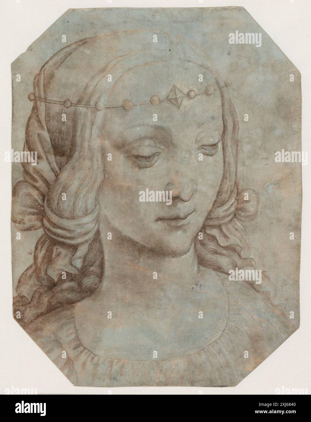Drawing by Giampietrino depicting the head of a young woman, focusing ...