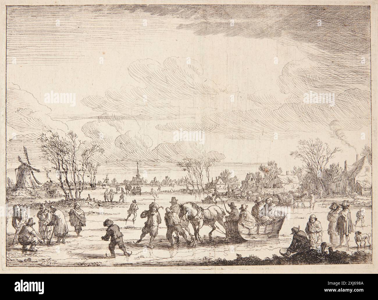 Etching by Pieter Bout showing hunters pausing at a water source, part ...