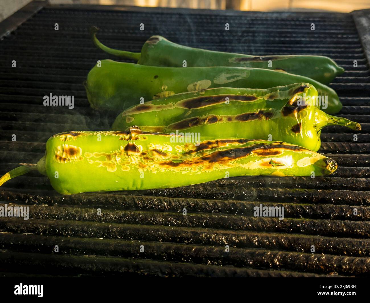 Green chile tatemado or bullfighted on the spit or grill with charcoal ...