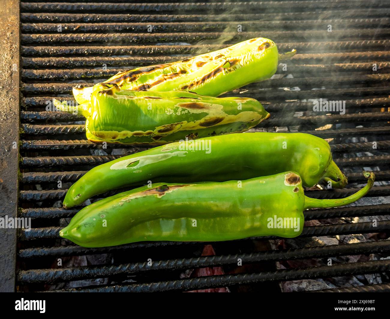 Green chile tatemado or bullfighted on the spit or grill with charcoal ...