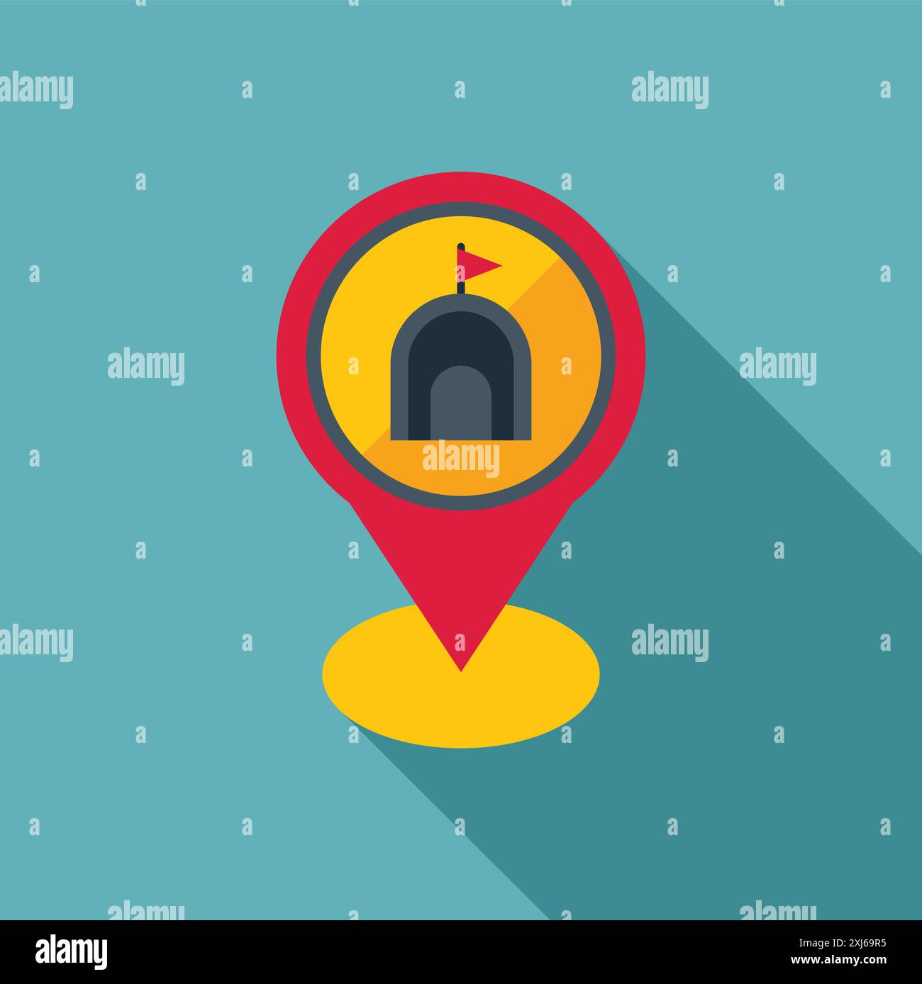 Red location pin marking the entrance to an underground tunnel, concept ...