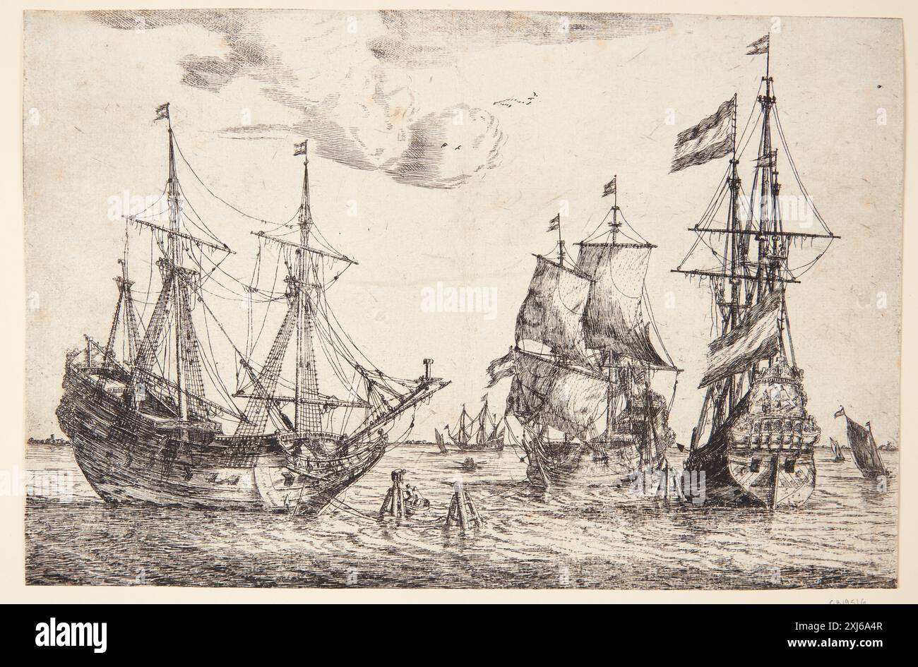Etching by Reinier Nooms depicting three sailing ships at anchor ...