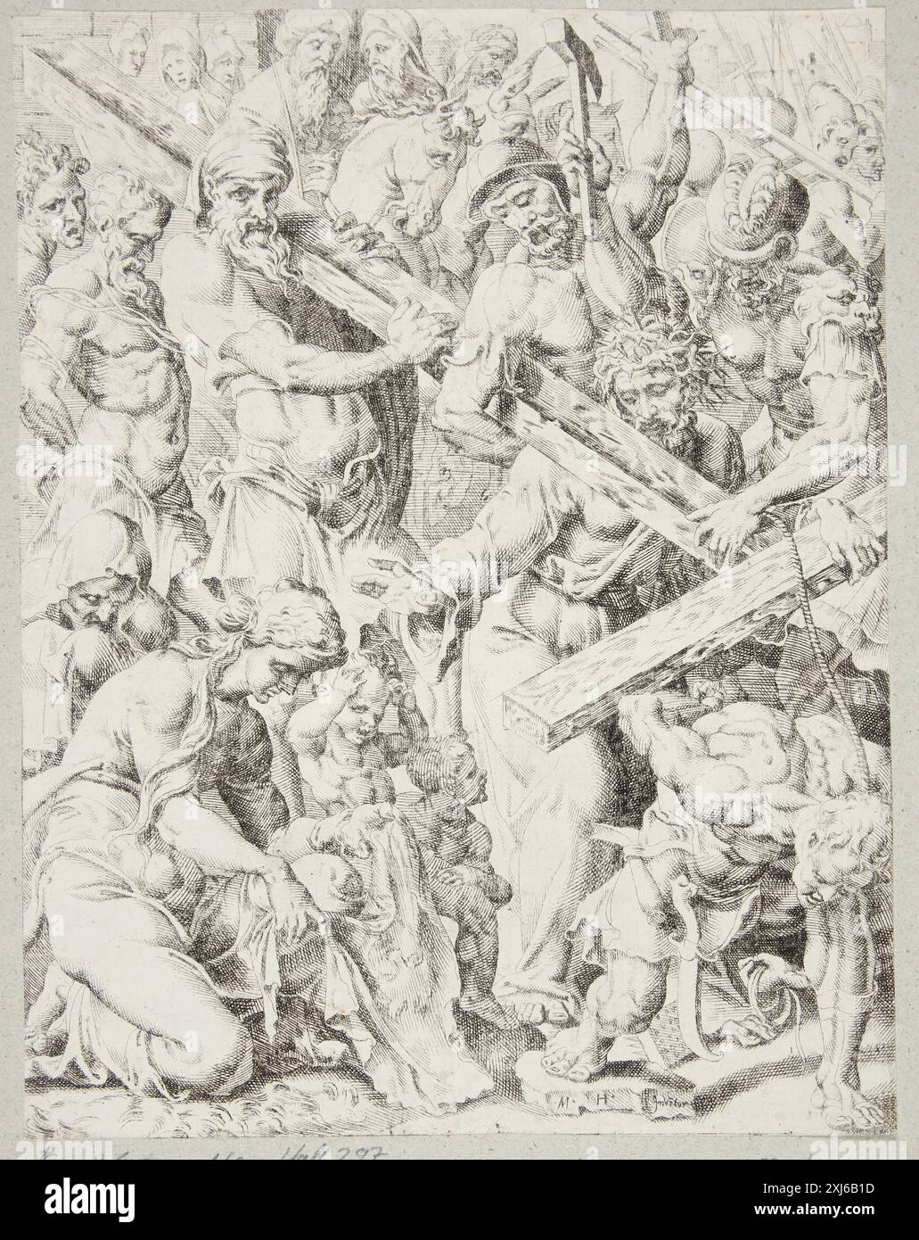 Engraving depicting Christ carrying the cross and the miracle of ...