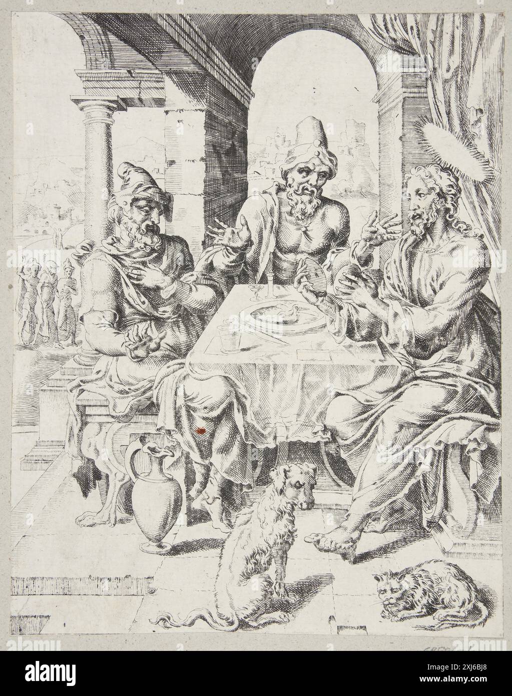 Engraving depicting the supper at Emmaus with Christ and disciples ...