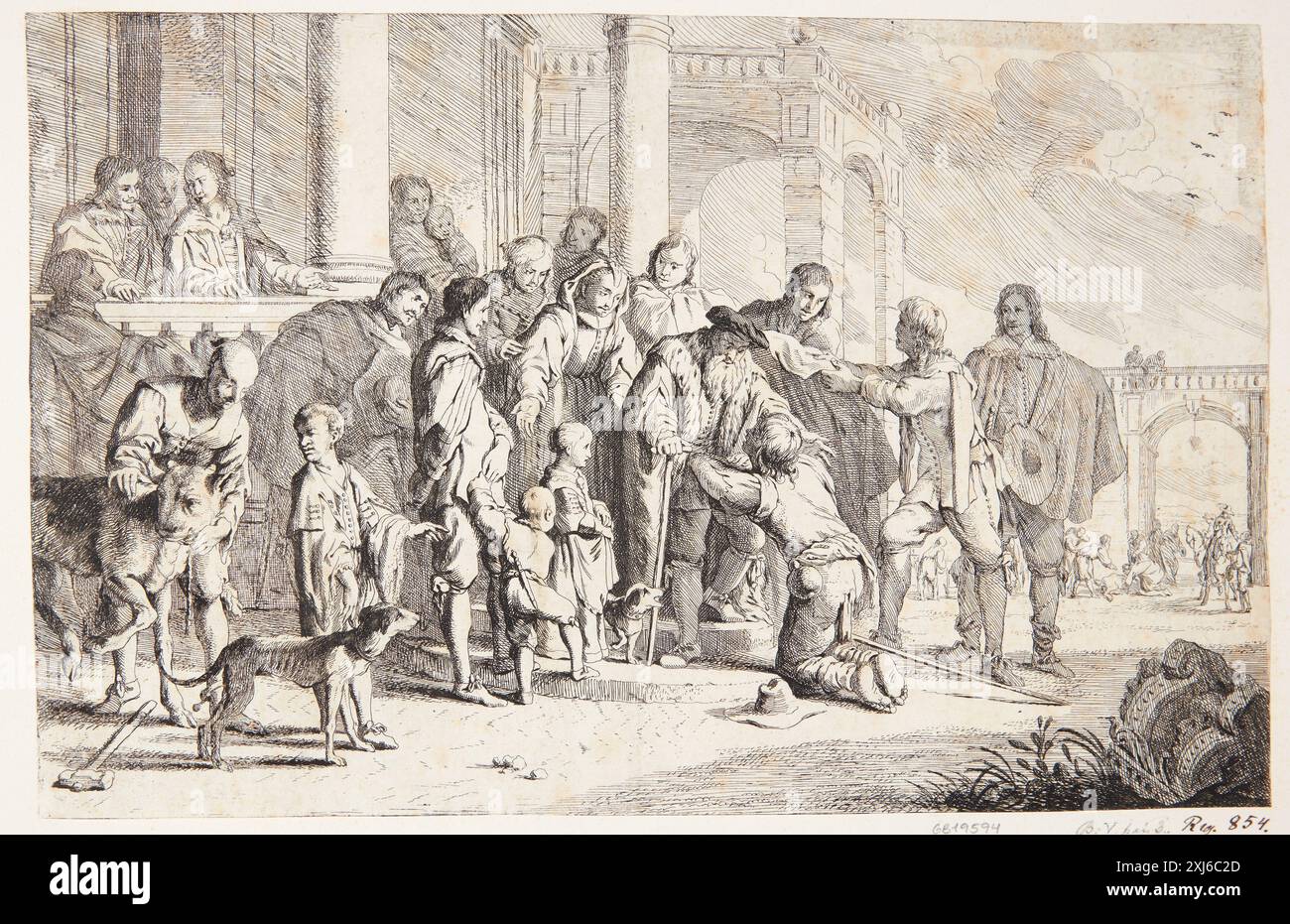 Etching by Jan Baptist de Wael showing the homecoming of the lost son ...