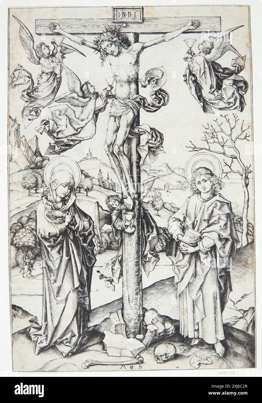 Copper engraving by Martin Schongauer depicting Christ on the cross ...