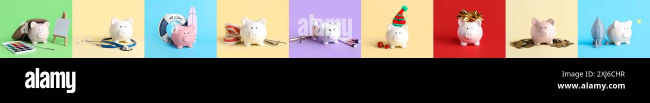 Set of piggy banks on color background Stock Photo - Alamy