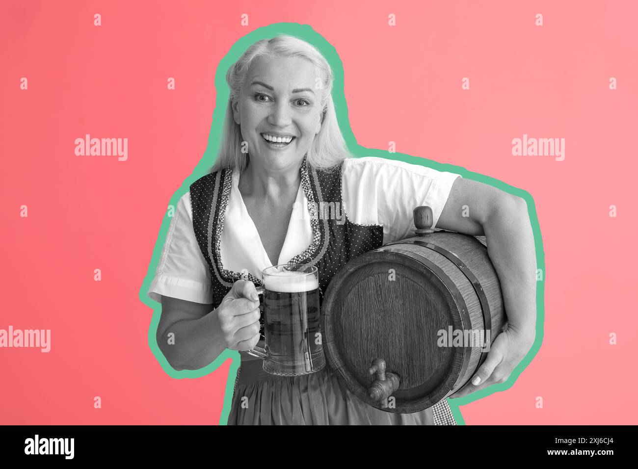 Mature woman holding barrel with beer on pink background. Octoberfest ...