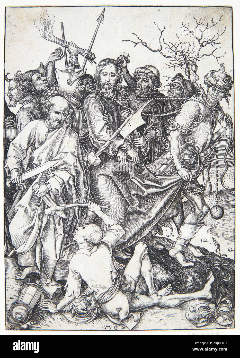 Copper engraving showing the capture of Christ, created by Martin ...