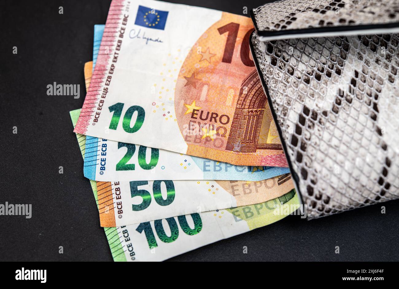 Euro banknotes neatly arranged fanning out from a fashionable textured ...