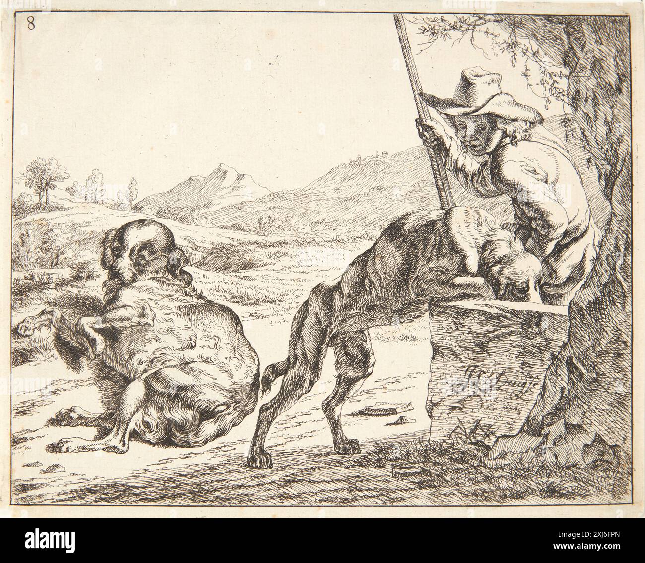 Etching by Johan le Ducq showing a dog drinking, included in Dutch and ...