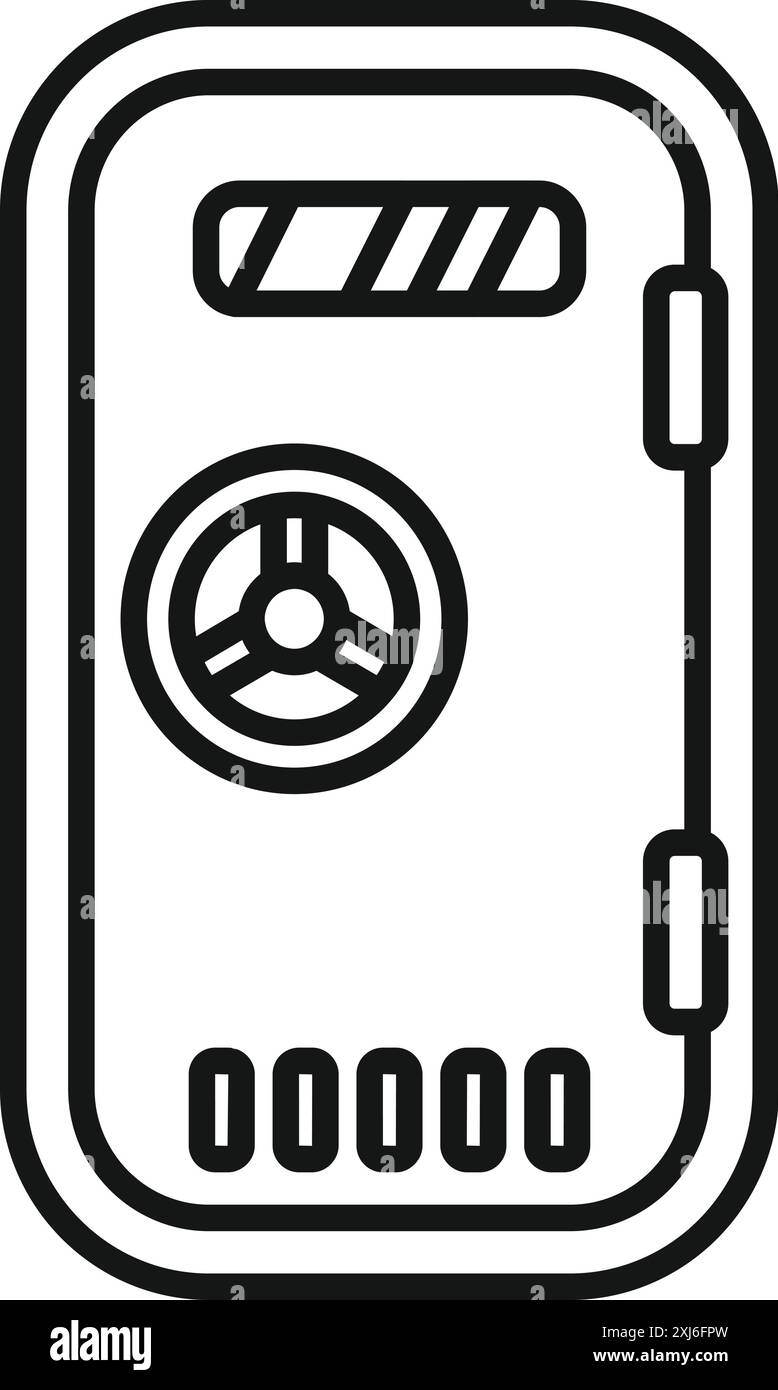 Simple line art illustration of a bank vault door featuring a ...