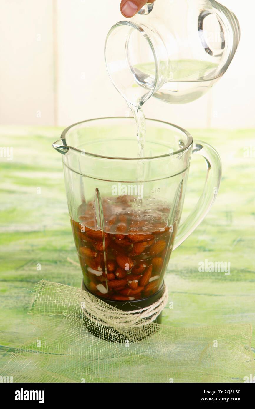 Adding water to the almonds in the blender Stock Photo - Alamy