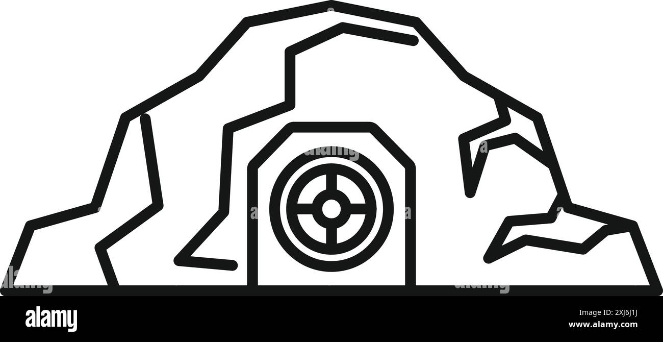 Military bunker entrance hidden in mountain landscape icon, outline ...