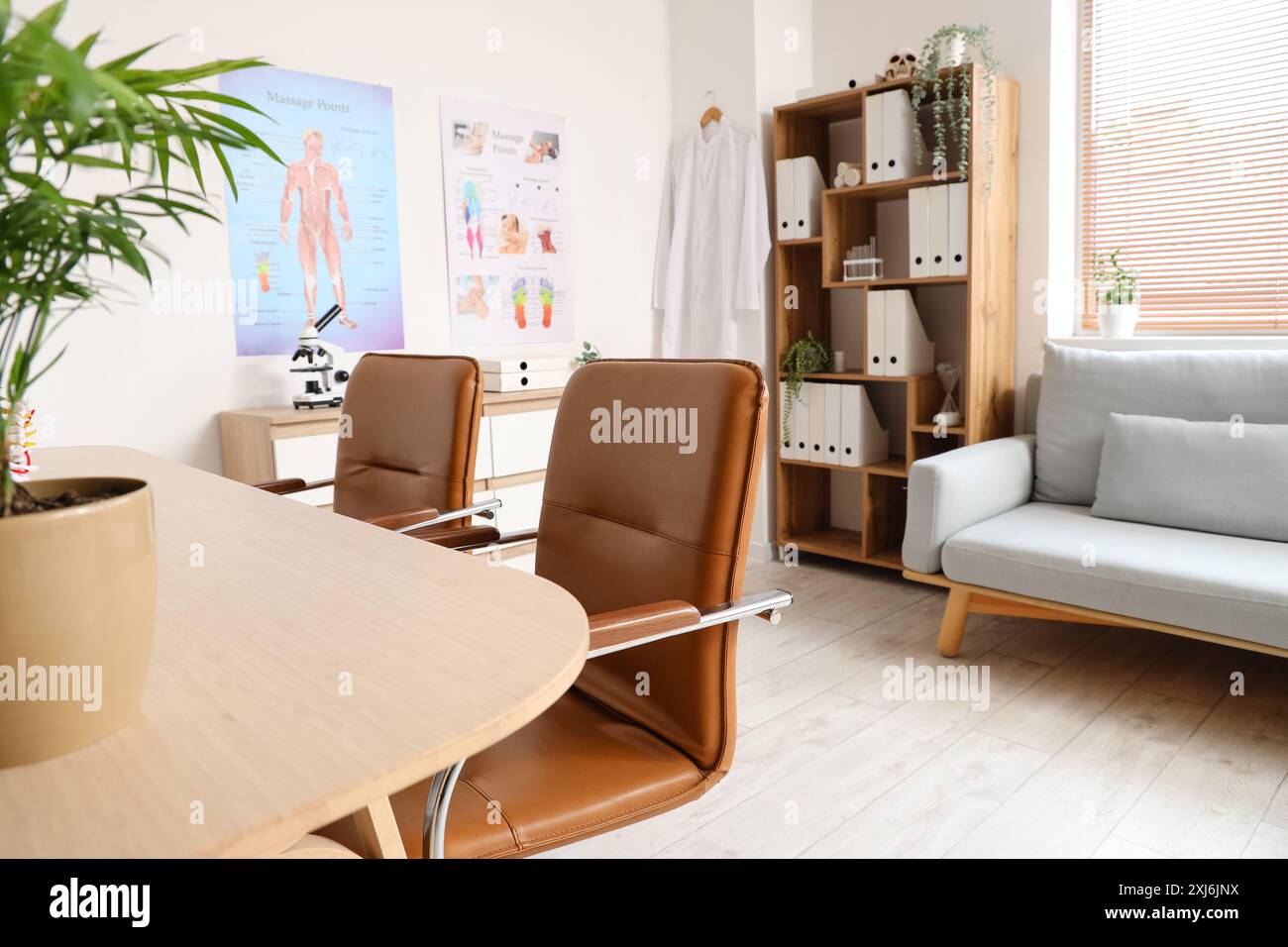 Interior of medical office with doctor's workplace, sofa and shelf unit ...