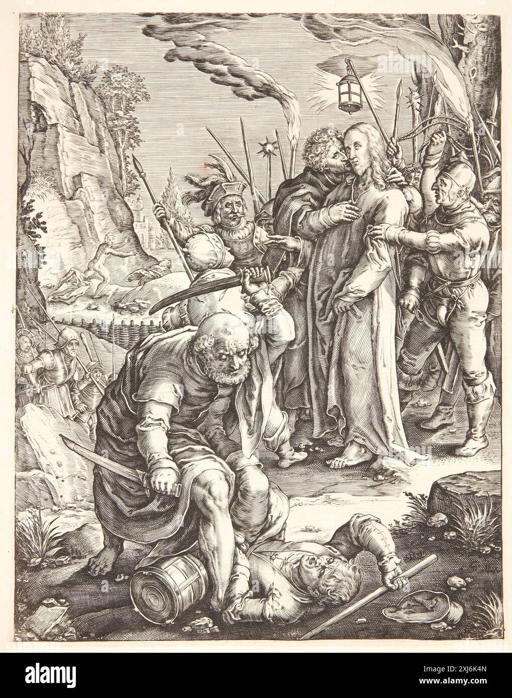 Copper engraving depicting Judas betraying Jesus, created by Albrecht ...