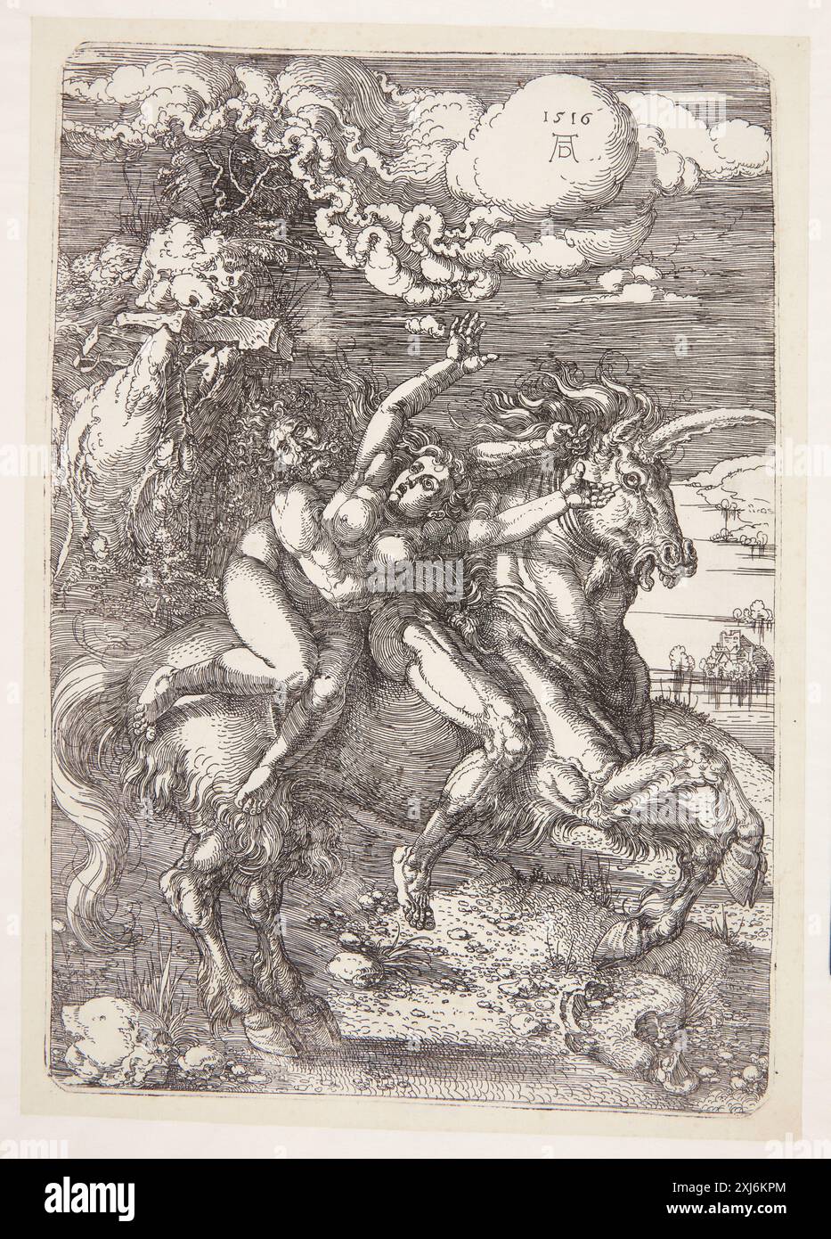 An engraving by Albrecht Dürer depicting a scene of a person being ...