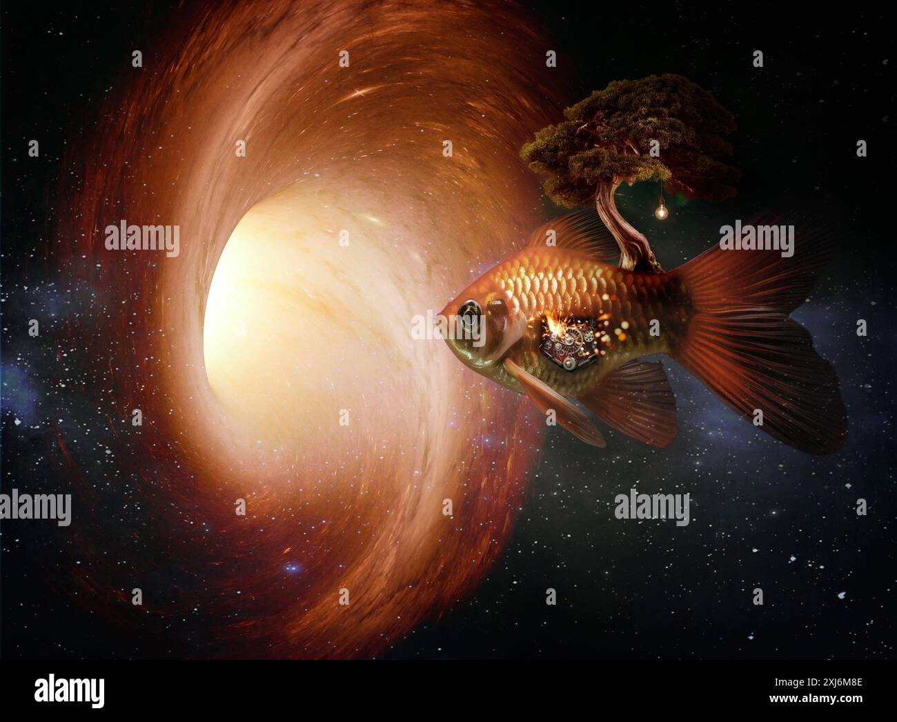 Conceptual robotic fish with a tree and light bulb flying through outer ...