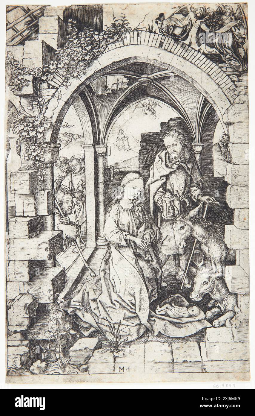 Copper engraving by Martin Schongauer showing the Nativity scene ...