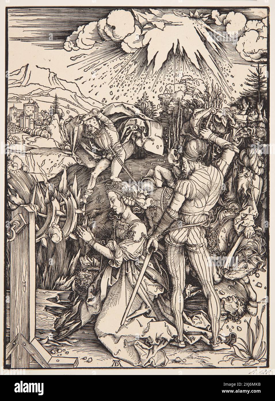 Woodcut by Albrecht Dürer illustrating St. Catherine’s martyrdom, with ...