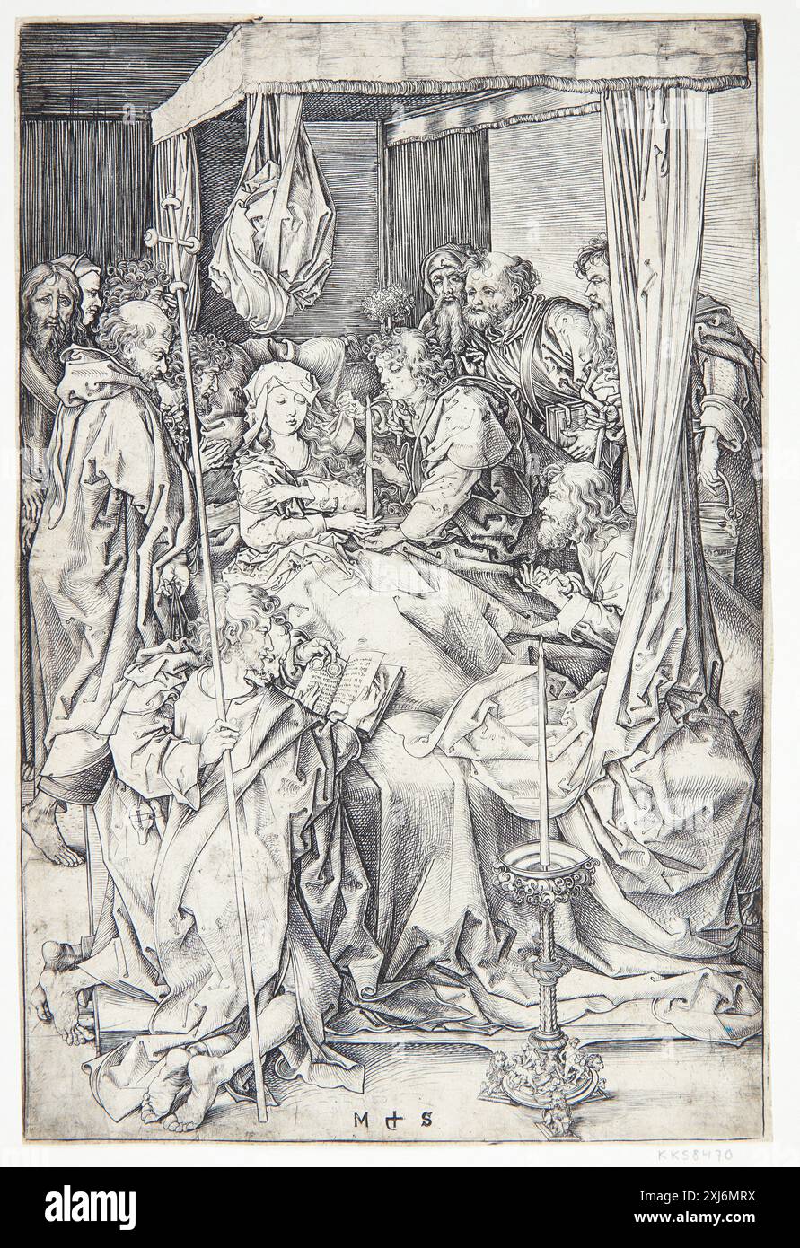 Copper engraving by Martin Schongauer depicting the death of the Virgin ...