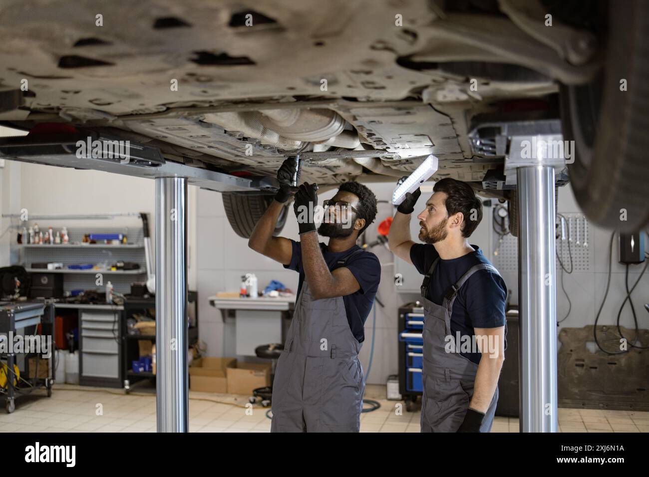 Mechanics working under car hi-res stock photography and images - Alamy
