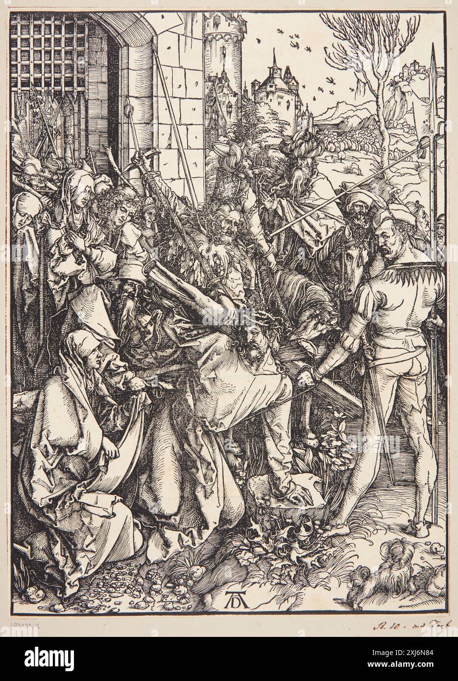 Woodcut by Albrecht Dürer depicting Christ bearing the cross, with ...