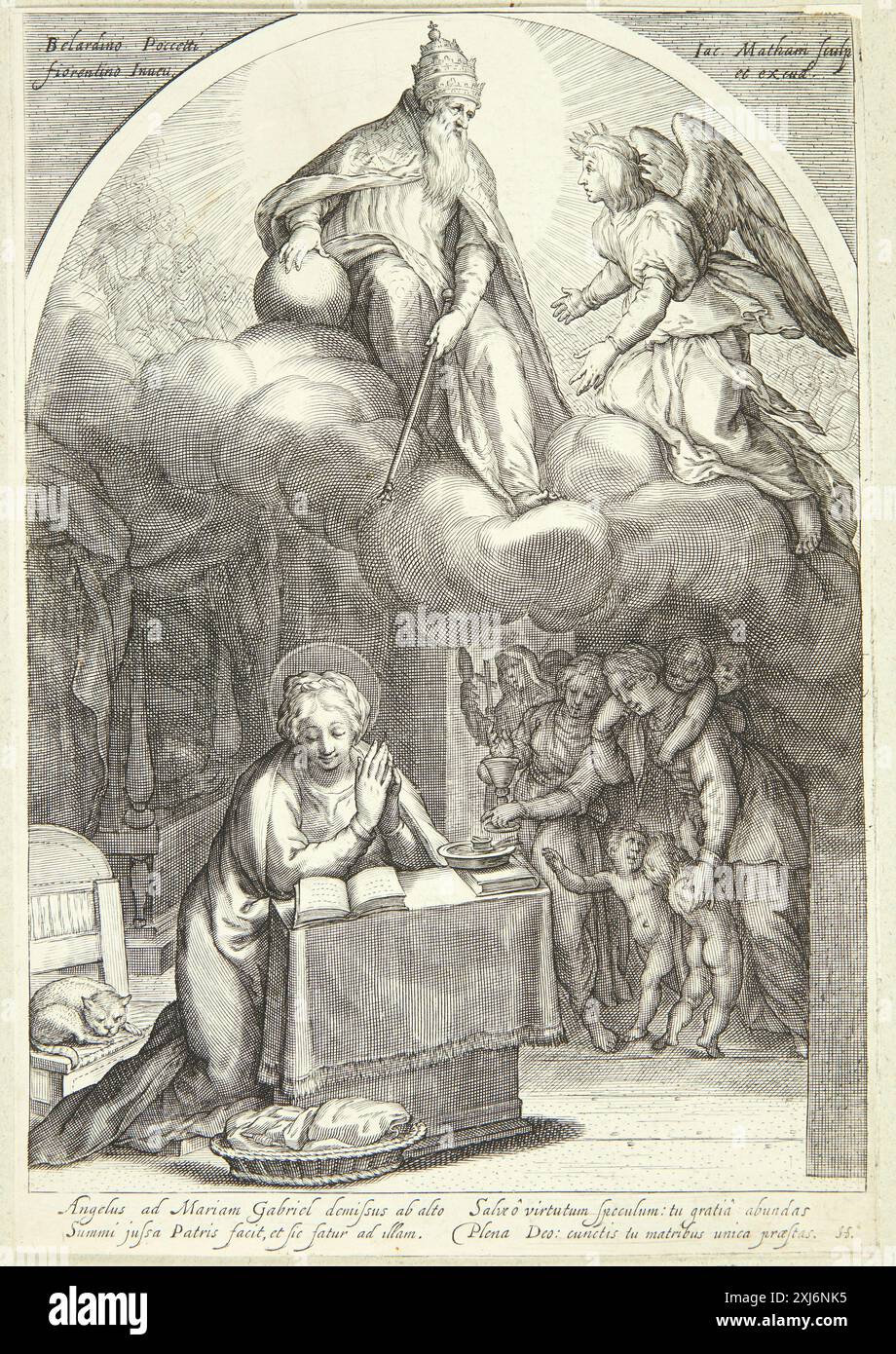 The Lord and Gabriel welcoming the Annunciation, Mary kneeling below ...