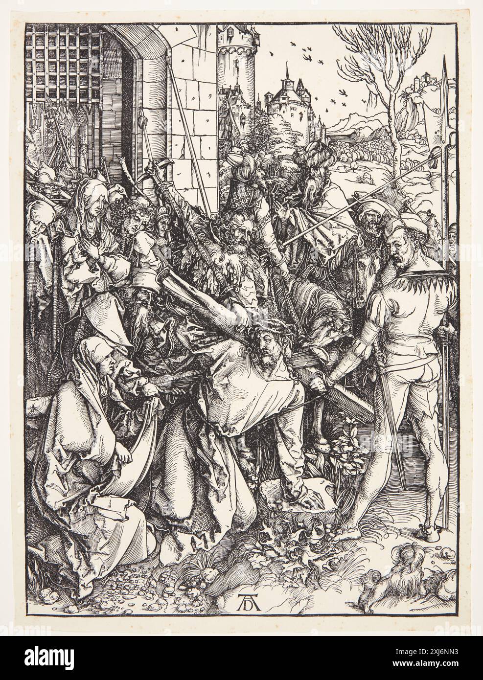 A woodcut by Albrecht Dürer showing Christ carrying the cross. The ...