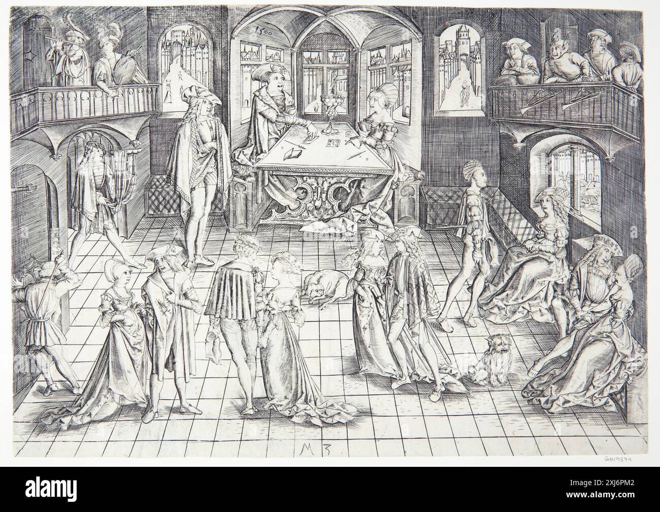 Copper engraving by Monogrammist MZ showing a large court ball. Part of ...
