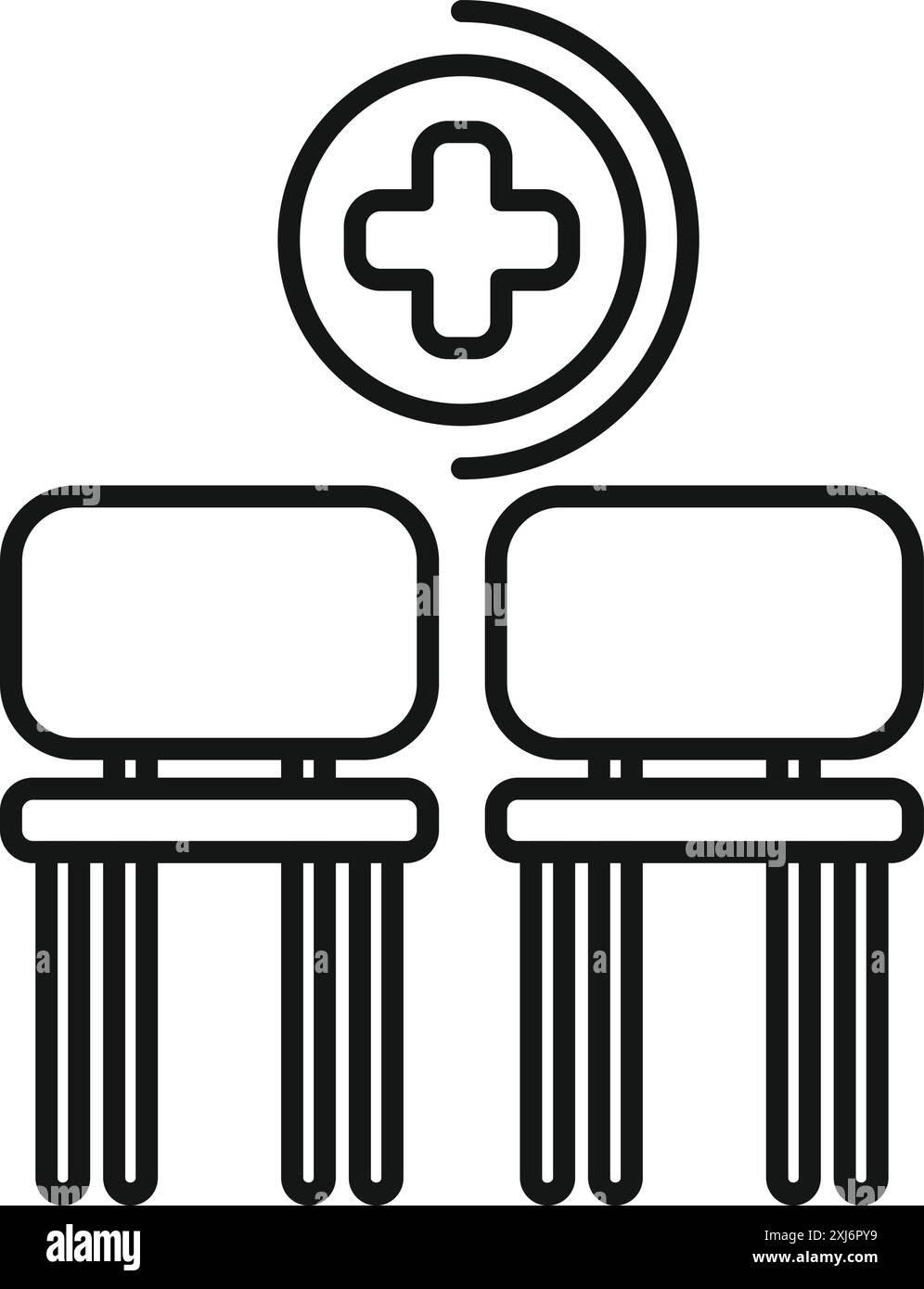 Two chairs are standing in a hospital waiting room under a medical sign ...