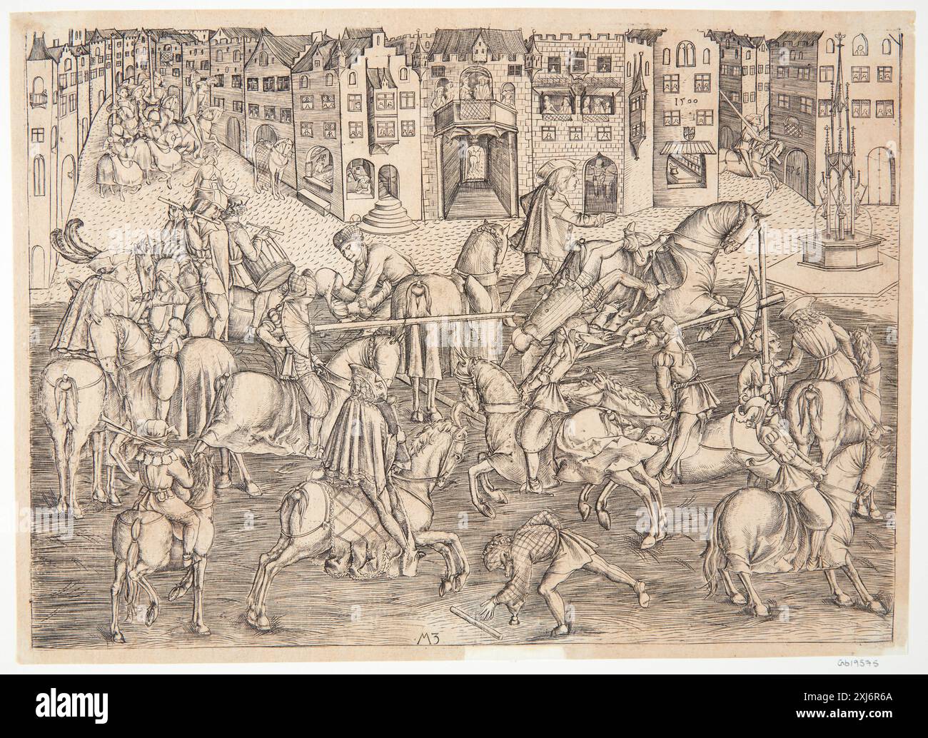 Copper engraving by Monogrammist MZ depicting a large knight tournament ...