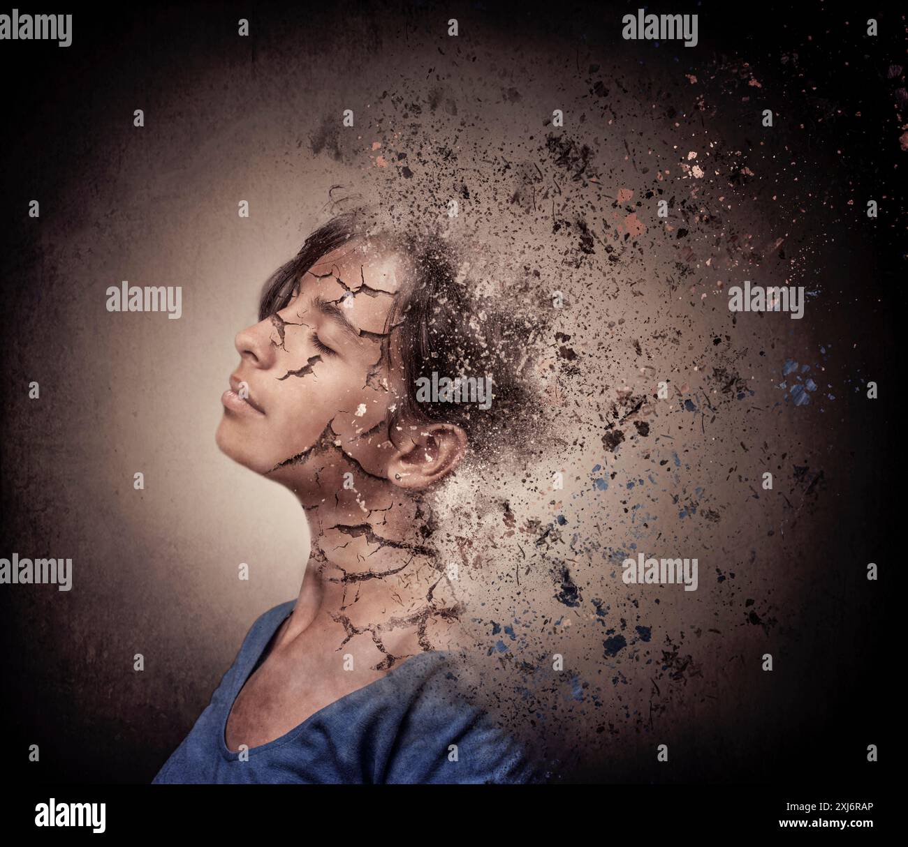 Portrait of a teenage girl with cracked skin breaking into a thousand ...