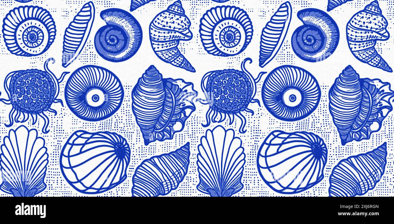 Azure blue white shell motif with linen seamless batik border ...