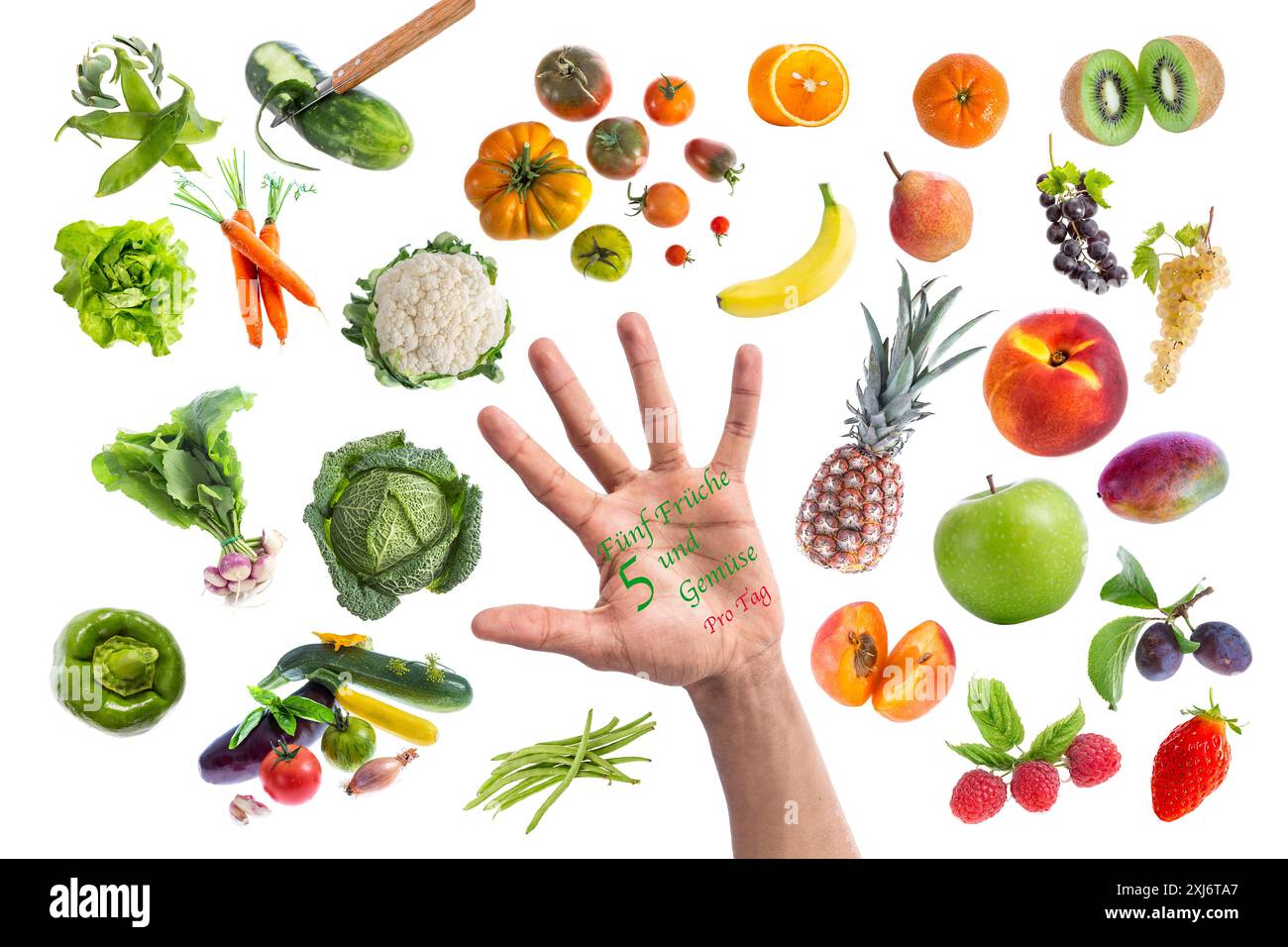 Composition with fruit and vegetables on a white background and text in ...