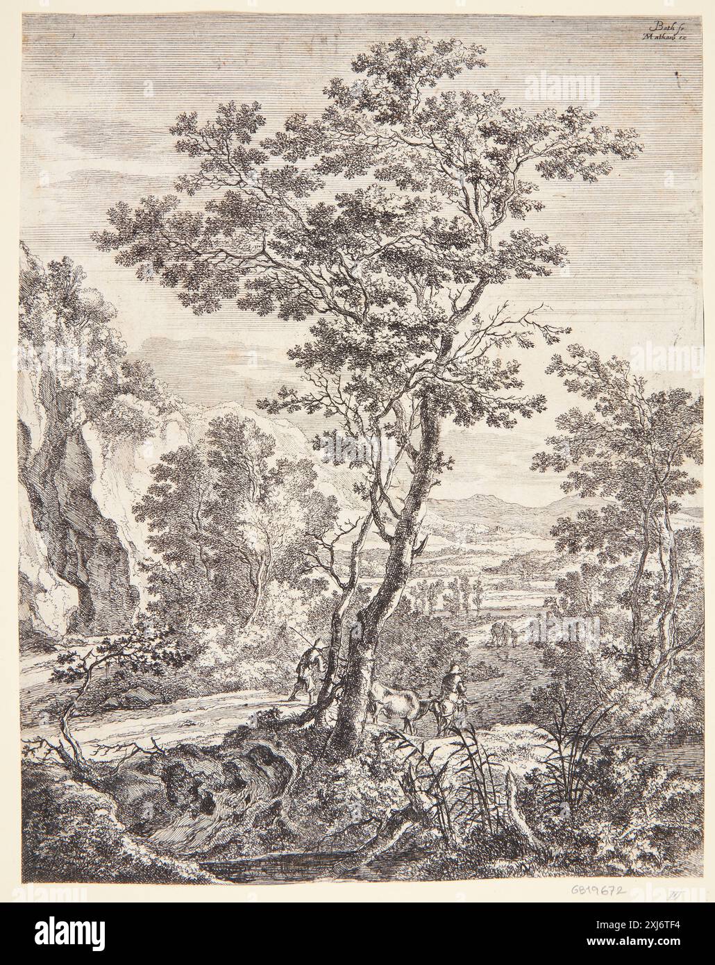Landscape with a large tree and a road with peasants and cattle Both ...