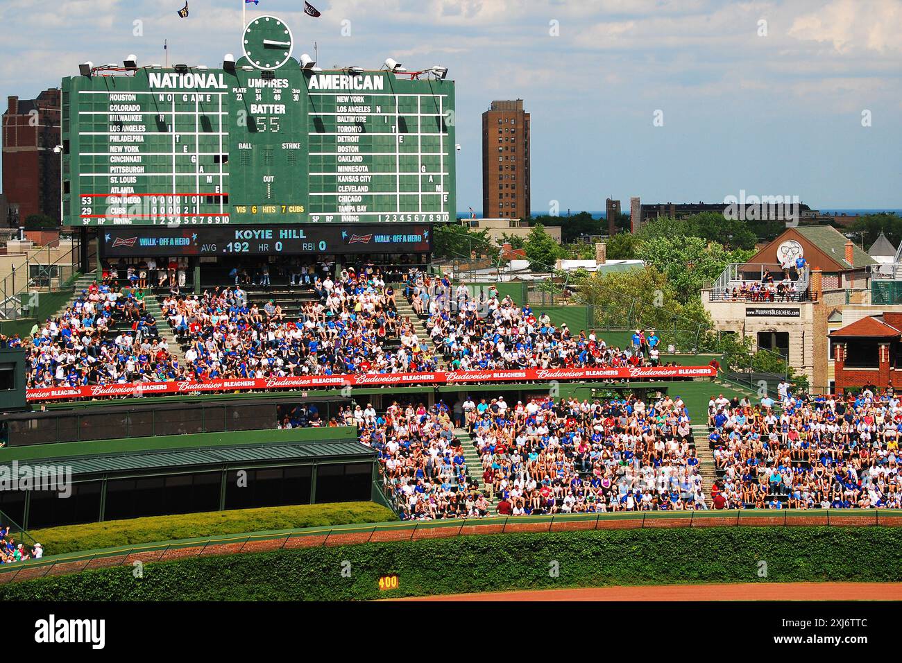 The manually operated scoreboard at Wrigley Field in Chicago tells the ...